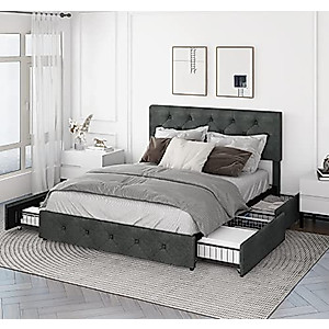 Queen Size Modern Platform Bed Frame with 4 Storage Drawers, Upholstered Beds with Button Tufted Headboard Height Adjustable, Mattress Foundation with Wooden Slat Support, Dark Grey Faux Leather