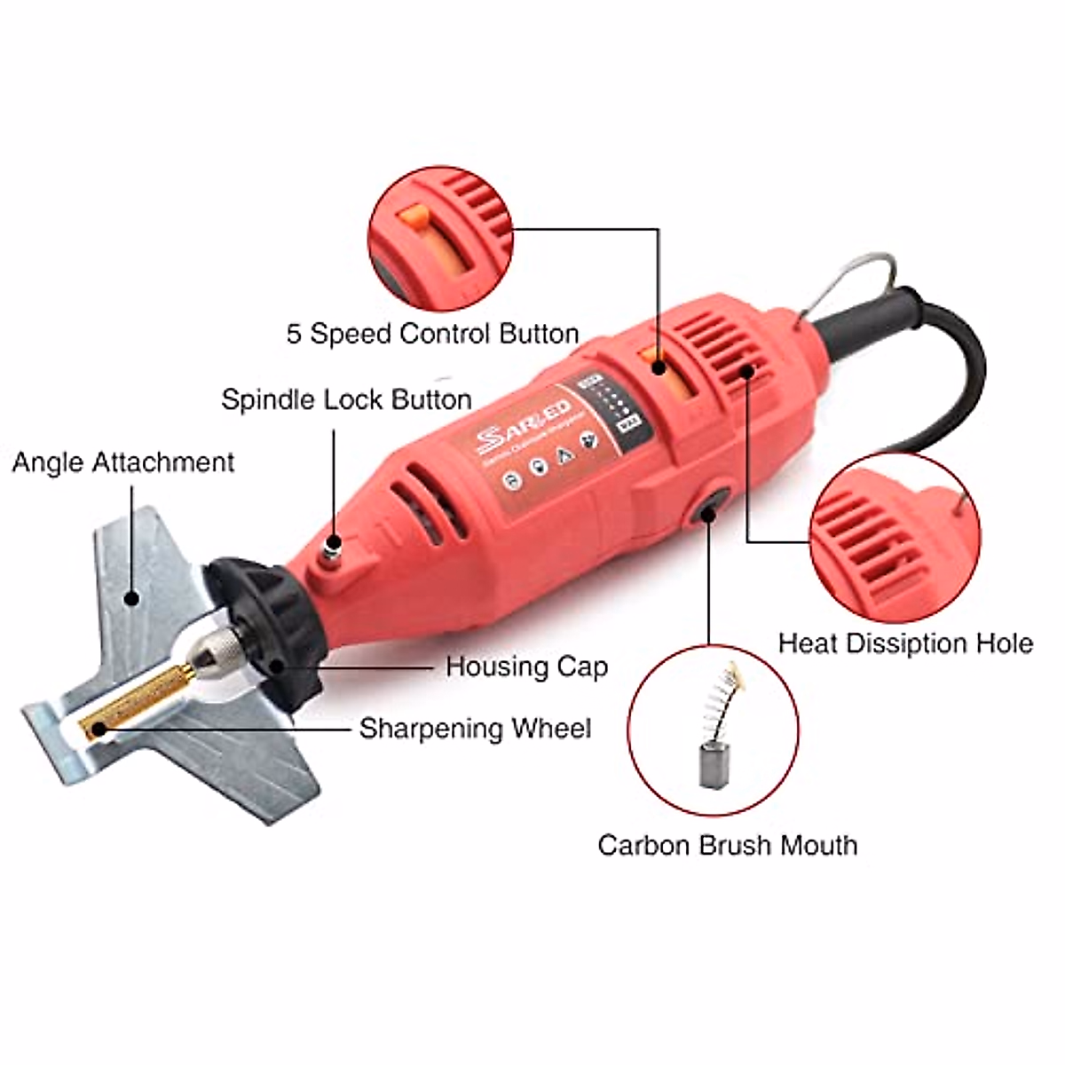 SARRED Electric Chainsaw Sharpener Kit, Handheld Portable 180W Power Chain Saw Sharpen Tool Set, Multi-Purpose Blade Sharpening File with 58 Accessories for Chain Sharpening, Crafting Projects