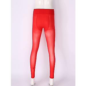 Jugaoge Men's Oily Glossy See Through Long Pants Slim Stretchy Leggings Tights Sissy Crossdresser Red One Size