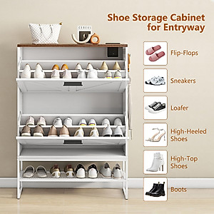 LYNCOHOME Shoe Storage Cabinet with 2 Flip Drawers and Feodorizing Function, Farmhouse Freestanding Shoe Organizer for Entryway/Hallway, Narrow Shoe Rack Cabinet with Steel Legs, White