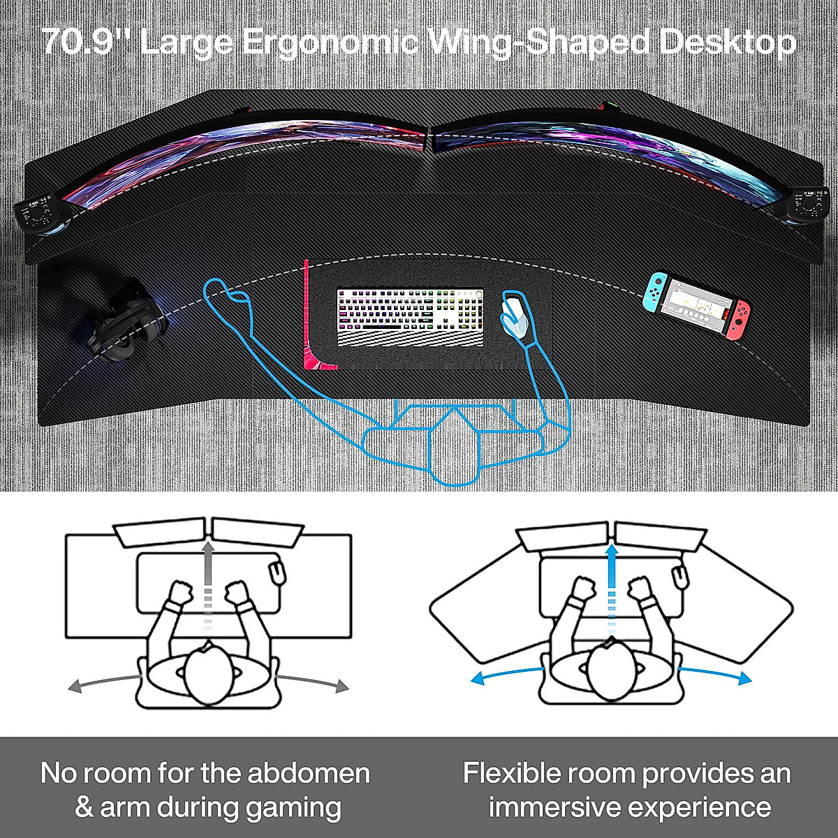 Tribesigns Computer Desk, 70.9" Large Home Office Desk with Monitor Stand, Modern Wing-Shaped Gaming Studio Desk Study Table Workstation for Live, Streamer, Black