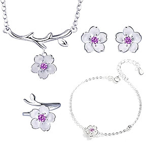 925 Sterling Silver Jewelry Sets Romantic Cherry Blossoms Flower Necklace+Earrings+Ring+Bracelet for Women Gift Pink Set
