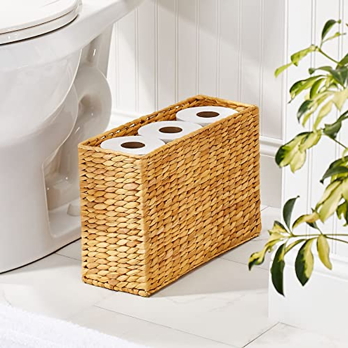 mDesign Rustic Farmhouse Rice Weave Hyacinth Toilet Paper Holder Basket - Small Storage Organizer Tank Topper for Bathroom Counter or Top of Toilet - Holds 6 Rolls of Toilet Paper - Natural/Tan