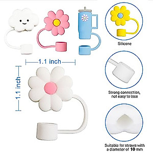 Flower Straw Cover Cap for Stanley Cup Silicone Straw Topper Compatible with 30&40 Oz Tumbler with Handle,Straw Tip Covers 10mm 0.4in for Straw Tip Covers (5Pcs Straw Cover)