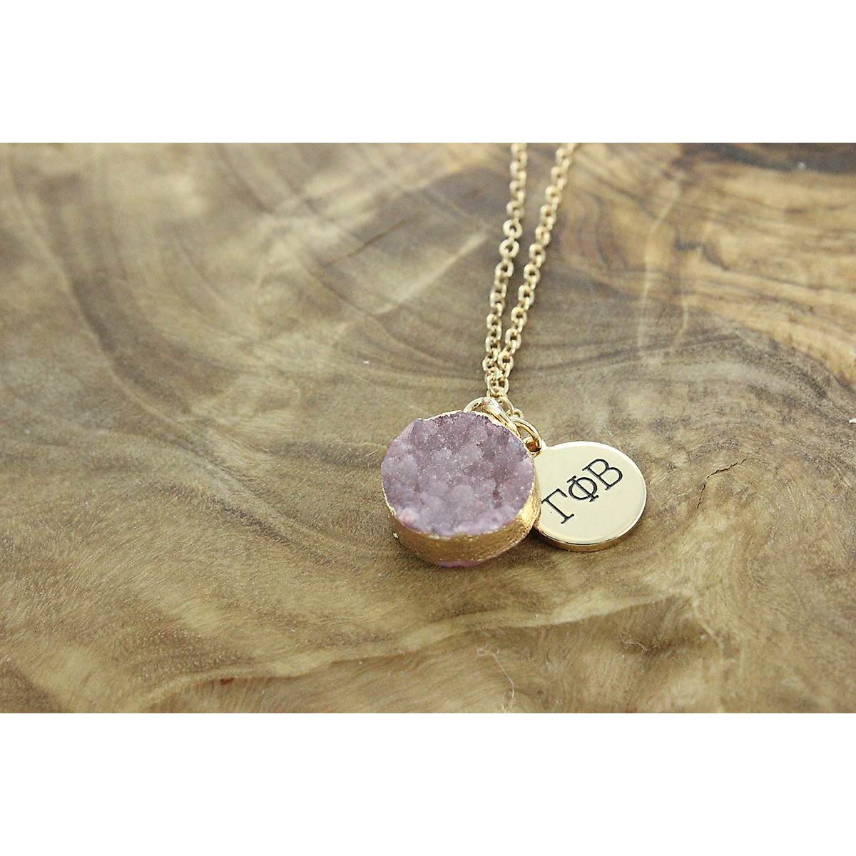Sorority Shop GPB Necklace - Gamma Phi Beta Pink Druzy Gemstone Necklace With Engraved Pendant – 14K Gold Dipped Jewelry with Pink Gemstone – Sorority Gift, Charm Paraphernalia
