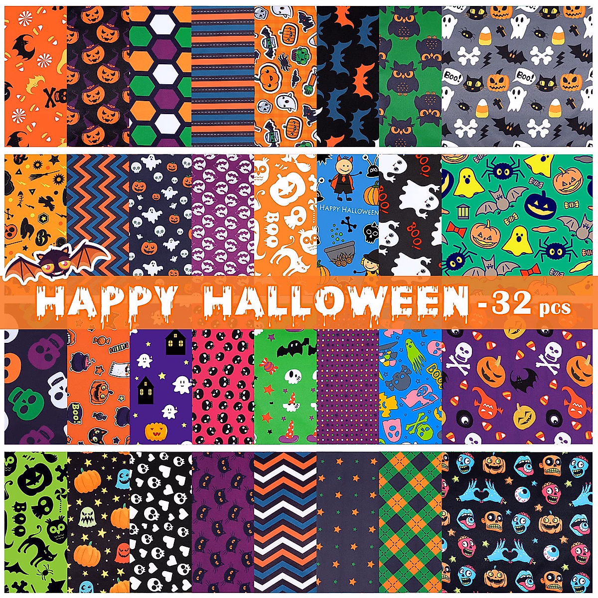 32 Pieces 10 x 10 Inches Halloween Fabric Holiday Quilting Fabric Halloween Fat Quarters Printed Fabric Sewing Craft Fabric Bat Pumpkin Ghost Skull Fabric for DIY Halloween Decor Patchwork Supplies