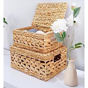 Chi An Home Set of 4 Wicker Cube Baskets + Pack 3 Lidded Hyacinth Basket