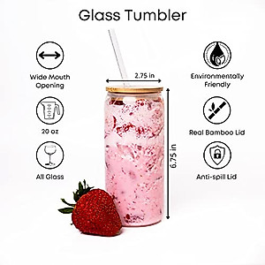 Sunshine Co. 20oz Glass Tumbler with Lid and Straw- Glass Cup with Bamboo Lid and Glass Straw- Reusable Iced Coffee Cup, Smoothie Cup - Matcha Tea Tik Tok Cocktail Glass