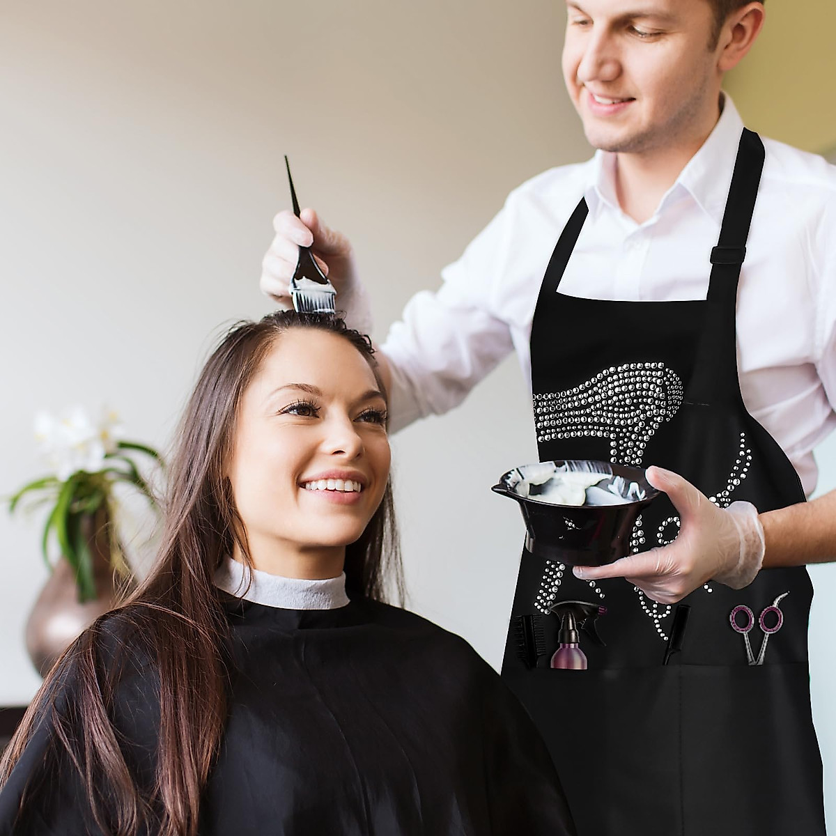 Coume 2 Pcs Hair Stylist Apron Hairstylist Salon Apron with Rhinestone Tools 3 Pockets Waterproof Hairdresser Barber Apron(White,Trendy Style)