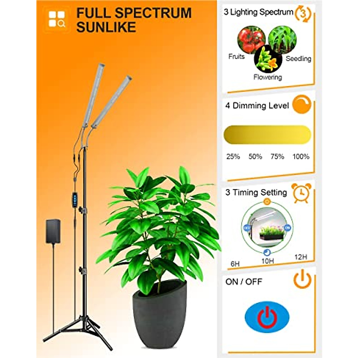 DOMMIA LED Grow Lights, 3 Modes Grow Lights for Indoor Plants Full Spectrum with 60" Adjustable Tripod Stand,180 LED Plant Grow Light with Stand 6/10/12 Timer Dimmable Grow Light Strip for Tall Plants