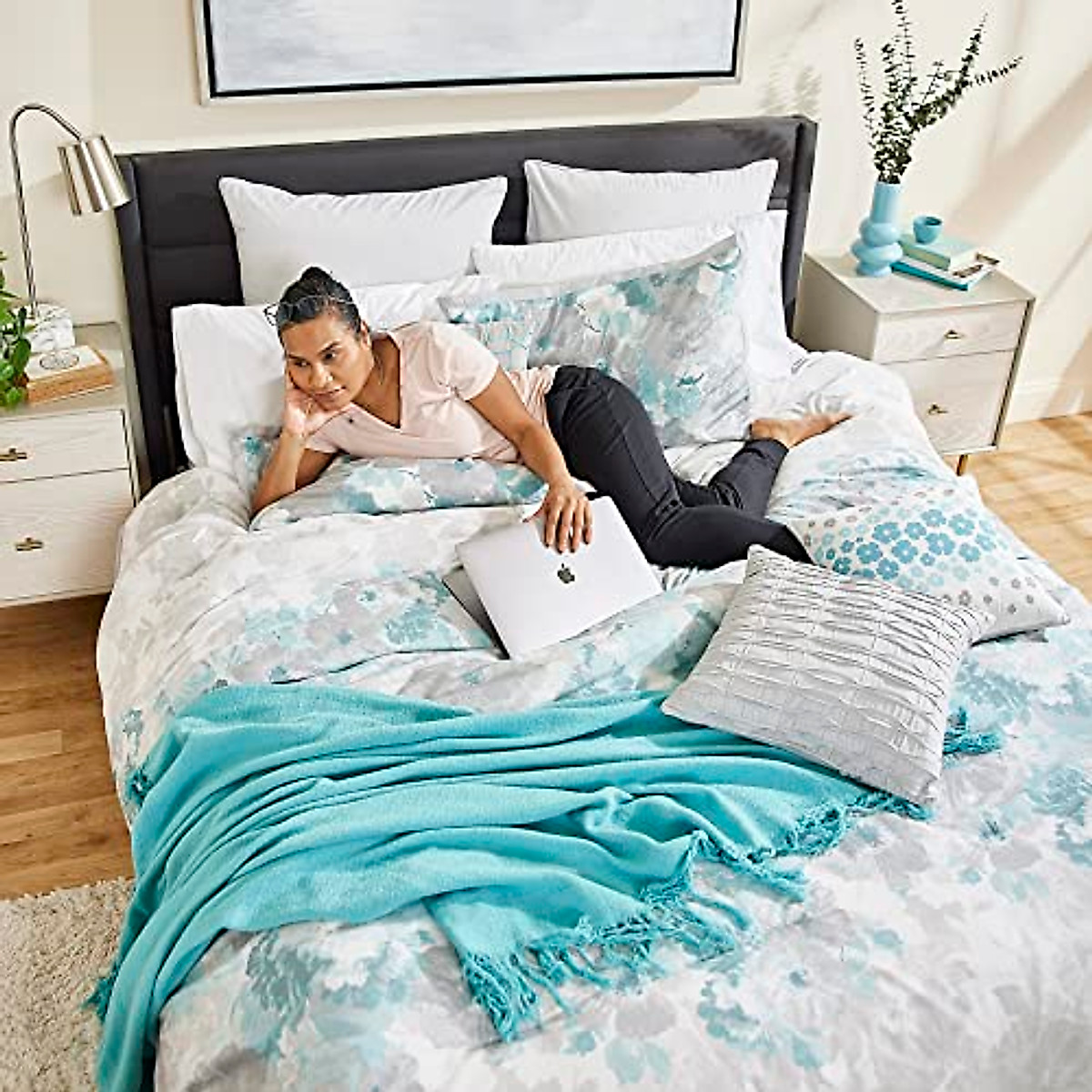 Lanwood Home Claire Cotton 10-Piece Comforter Set, Includes Comforter, Bed Skirt, 2 Standard Shams, 2 Euro Shams, 3 Throw Pillows & Throw Blanket, Teal Floral, King
