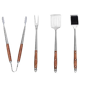 BBQGuys Signature 4-Piece Stainless Steel W/Wooden Handles Tool Set - BBQ-4PCW-TST