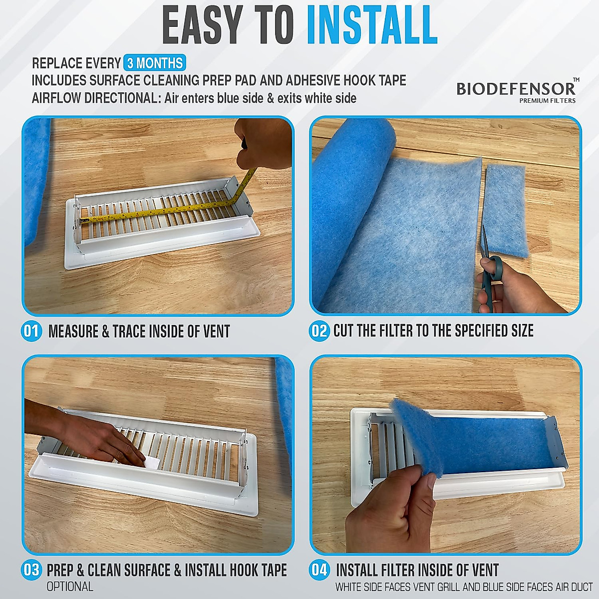 Biodefensor Air Vent Filter Kit - Made in USA Large 90"x20" MERV 6 Electrostatic Roll, Cut to Fit All Floor Registers, Grilles, Ceiling, Wall HVAC Furnce Vents - Includes Adhesive Hook Tape, Prep Pad