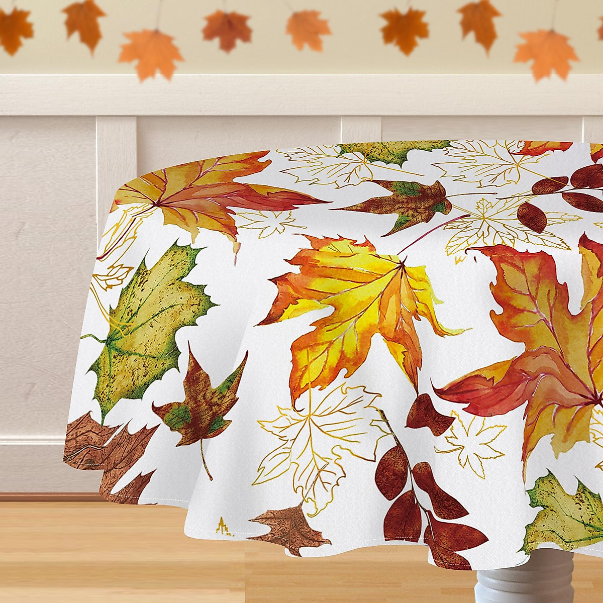 Tailus Fall Maple Leaves Round Tablecloth 60 x 60 Inch, Autumn Gold Leaf Decorative Table Cloth Rustic Dining Table Cover, Farmhouse Thanksgiving Dinner Party Picnic Decoration