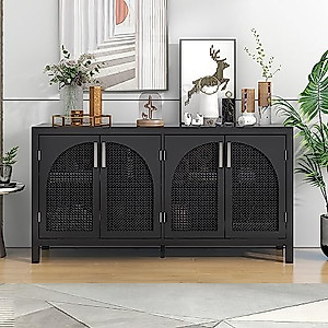 Accent Storage Cabinet Buffet Cabinet Freestanding Storage Sideboard with Artificial Rattan Doors & Metal Handles, Entryway Cabinet for Living Room Office Bedroom, Kitchen (Black)