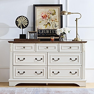 BOSHIRO Farmhouse 7 Drawers Dresser, Dressers for Bedroom, 54" Wide Wood Rustic Chest of Drawers with Carved Pilasters, Storage Organizer, Living Room, Hallway, Antique White