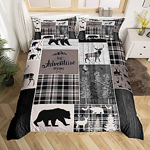 Erosebridal Rustic Cabin Comforter Cover Twin Size, Hunting Bear Deer Duvet Cover Vintage Farmhouse Bedding Set Camper Lodge Room Decor, Vintage Plaid Tree Quilt Cover with 1 Pillow Case,Gray Brown