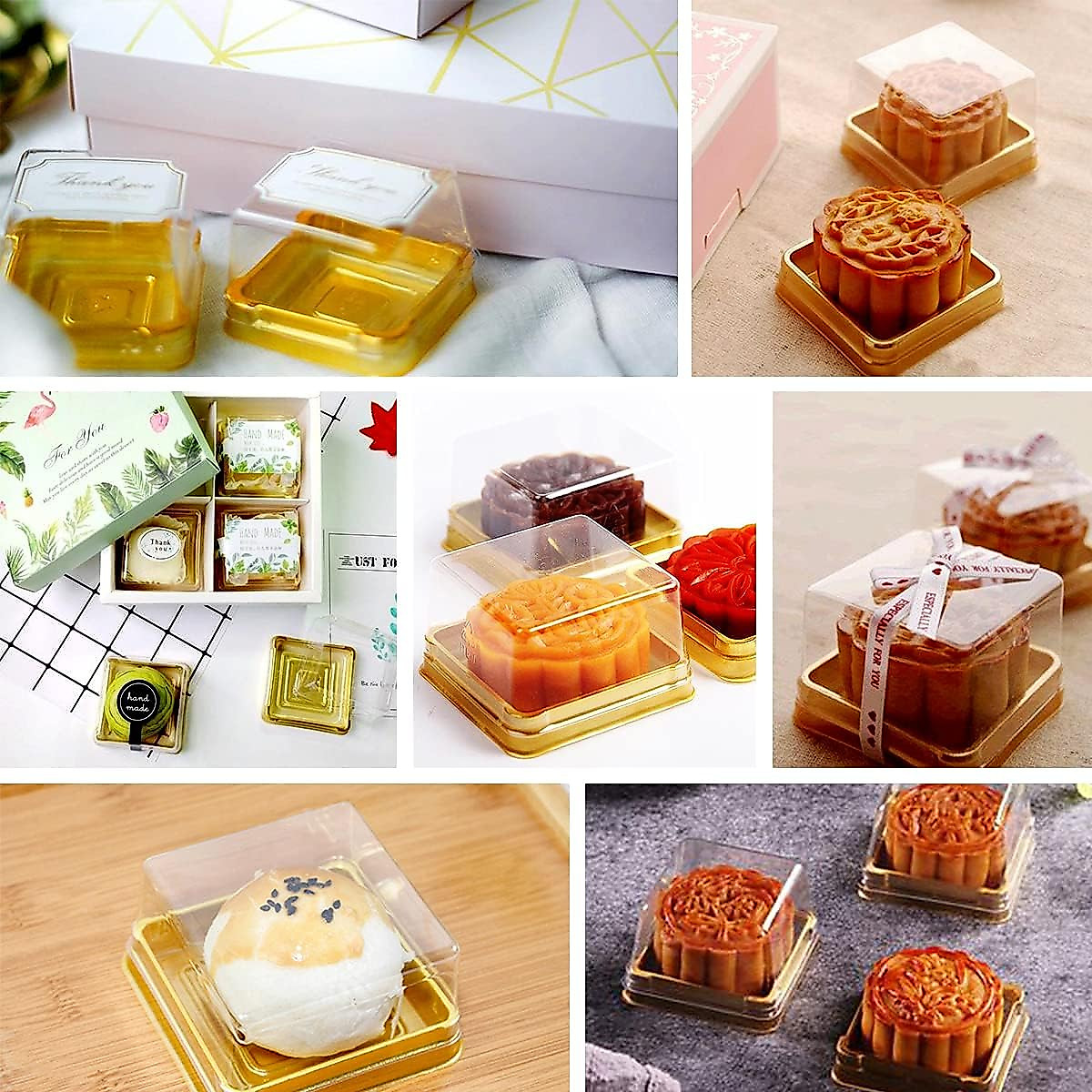 Pralb 100 Set Clear Plastic Mini Cupcake Boxes Muffin Pod Dome Muffin Single Container Box Wedding Birthday Gifts Supplies for Cheese Pastry Dessert Mooncake (square, gold)