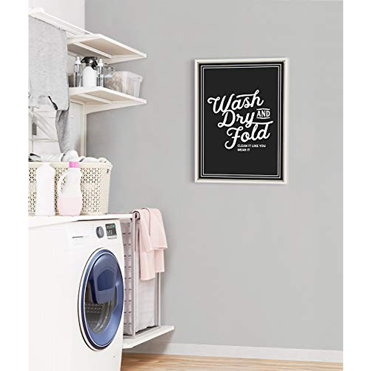 Kate and Laurel Sylvie Wash Dry and Fold Framed Canvas Wall Art by Maggie Price of Hunt and Gather Goods, 18x24 White, Retro Laundry Sign for Wall