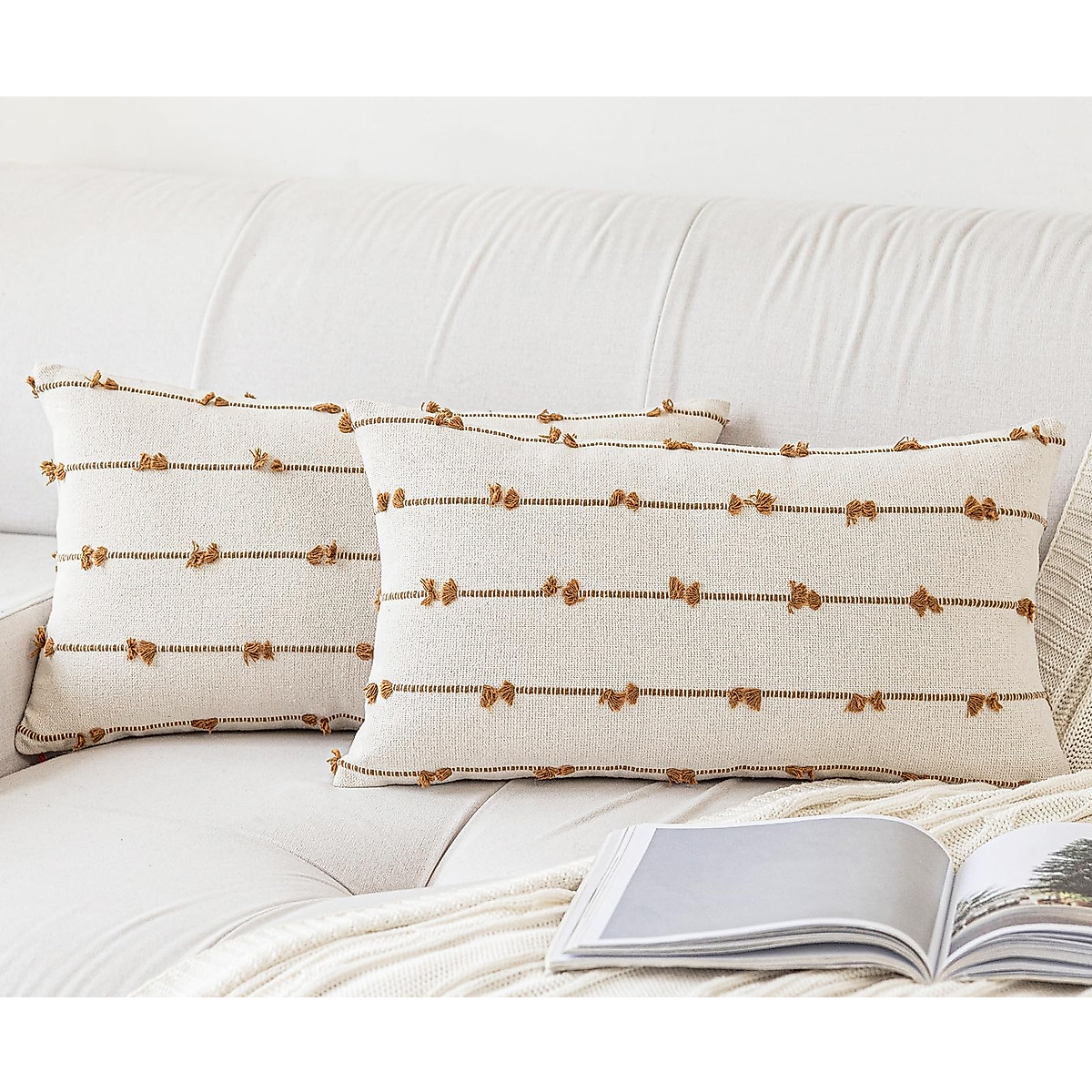 YEENAASY Boho Throw Pillow Covers 12x20 Set of 2 Modern Farmhouse Decorative Cushion Case Tufted Square Pillows Cover Neutral Pillow Cases Accent Pillowcase for Sofa,Couch,Bed,Beige and Brown