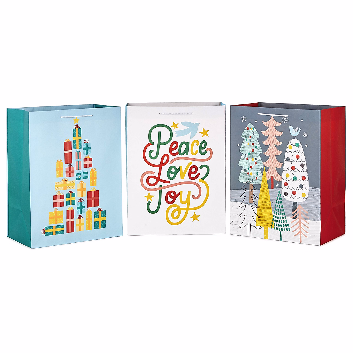 Hallmark Assorted Christmas Gift Bag Bundle (3 Extra Large 17" Gift Bags, 3 Designs) Trees, Presents, Peace, Love, Joy in Pink, Yellow, Mint Green, Gray and White