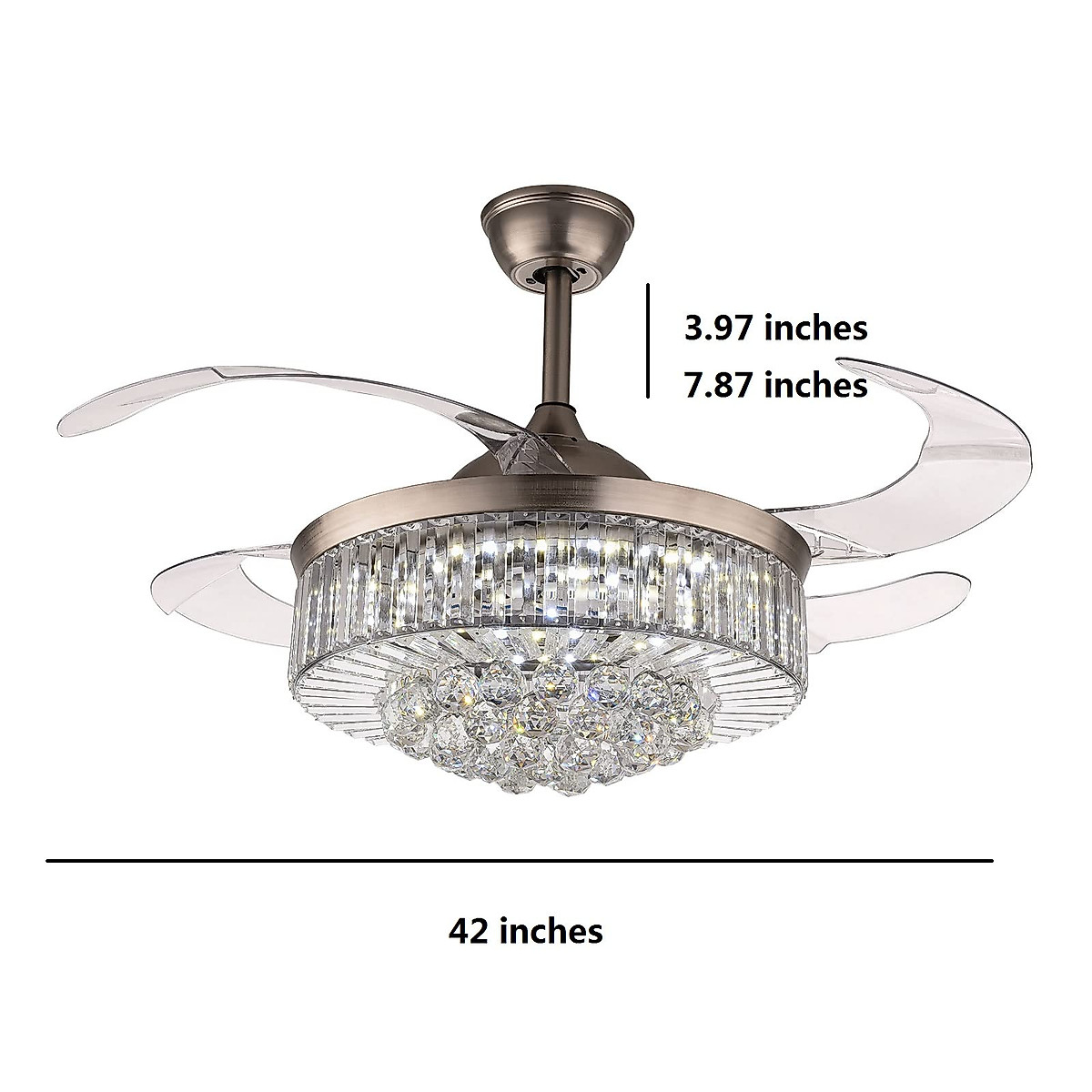 US DELIVER Modern Dimmable Fandelier Crystal Ceiling Fan with Lights and Remote Invisible Retractable Chandelier Fan Light LED Lighting-Polished Chrome 42" (Crystal)