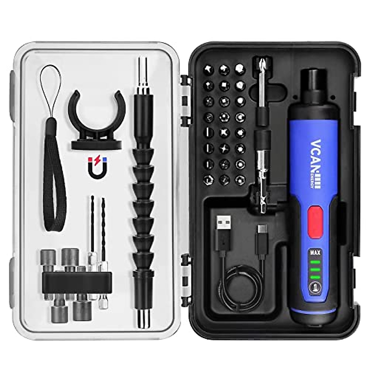 VCANENERGY 4V Electric Screwdriver,2000mAh USB Rechargeable Battery,Cordless Power Screwdriver with LED Light,Adjustable Torque,38 in 1,Suitable for small projects