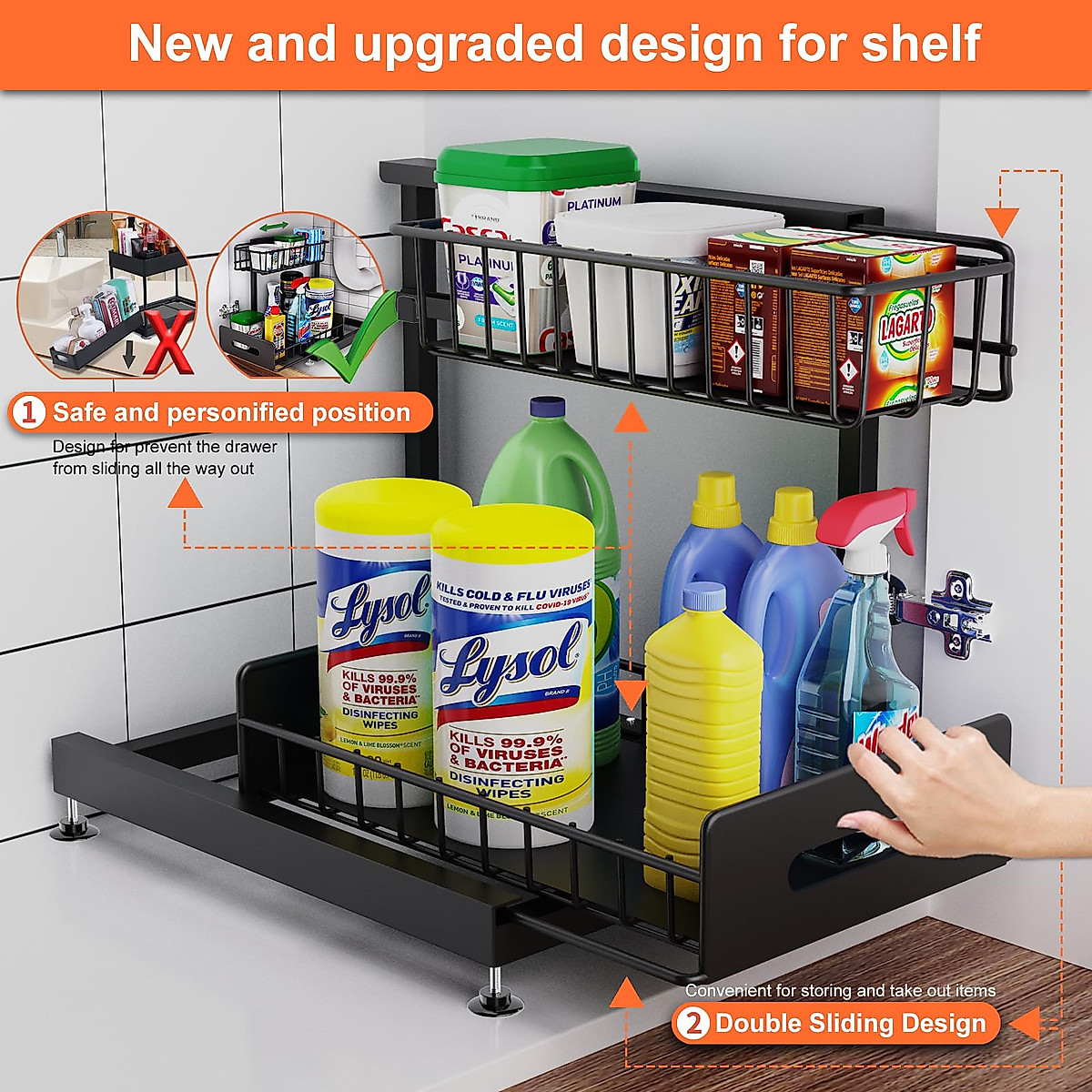2 Pack Under Sink Organizers and Storage,Pull Out Cabinet Organizer,2-Tier Sliding Out Kitchen Basket Sink Shelf Cabinet Organizers Adjustable L Shape Counter Organizers for Bathroom Kitchen (Black)