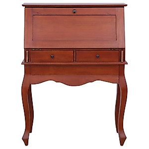 vidaXL Vintage-Style Secretary Desk - Solid Mahogany Wood Desk with Drawers and Compartments - Brown Finish, Rectangular Farmhouse Writing Desk