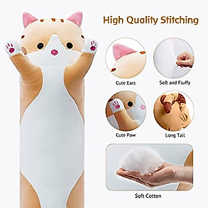 Colixpet Cat Plush Soft Long Body Pillow, Cute Cat Stuffed Animals Cuddly Plushies Kitten Plush Throw Pillow Doll Toy Gift for Christmas Birthday Girls Boys Brown 50cm/19.68Inch