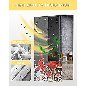 OComster Red Mushroom Black Magnetic Screen Door, Gnome Plant Flower Starry Sky Moon Hands Free Screen Mesh Size 38'' x 83'', Reinforce Heavy Duty Mesh Screen Doors for Patio/Front/Sliding Door