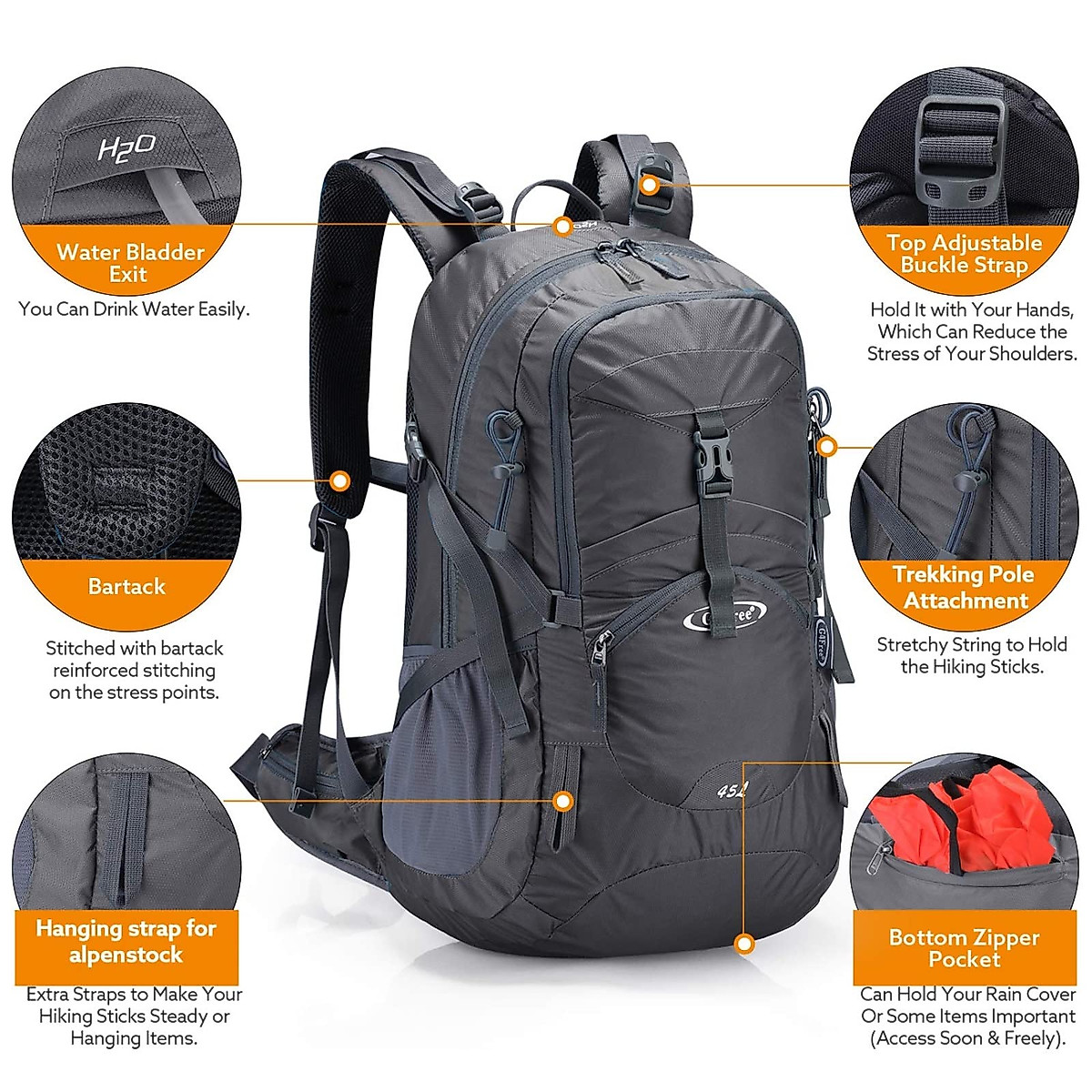 G4Free 45L Hiking Travel Backpack Waterproof with Rain Cover, Outdoor Camping Daypack for Men Women (Dark Grey)