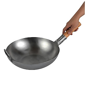 14-inch Fire Wok Hand Hammered Carbon Steel Wok Pot – Pre-Seasoned Nonstick Chinese Wok for Induction, Electric, Gas Stove Japanese Woks Stir-Fry Pan with Ergonomic Handle (Flat Bottom)