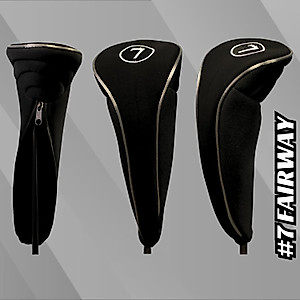 Black Golf Zipper Head Cover #7 Fairway Wood Metal Headcover Traditional Plain Protective Cover Fits All Fairway Golf Clubs for Golfing Buddies
