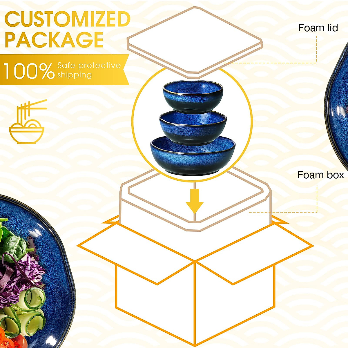 3 Pieces Ceramic Salad Bowls Ramen Bowls Blue Mixing Bowls Porcelain Serving Bowls Ceramic Microwave and Dishwasher Safe for Soup Pasta Noodles Salad Nesting Bowls, 13 Oz 27 Oz 47 Oz