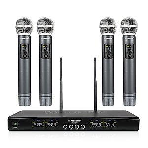 Phenyx Pro Wireless Microphone System, Metal Wireless Mic Set with 4 Cordless Mics, 4x25 UHF Adjustable Frequencies, 200ft Range, Dynamic Microphones for Singing, Karaoke, Church, DJ (PTU-5200-4H)
