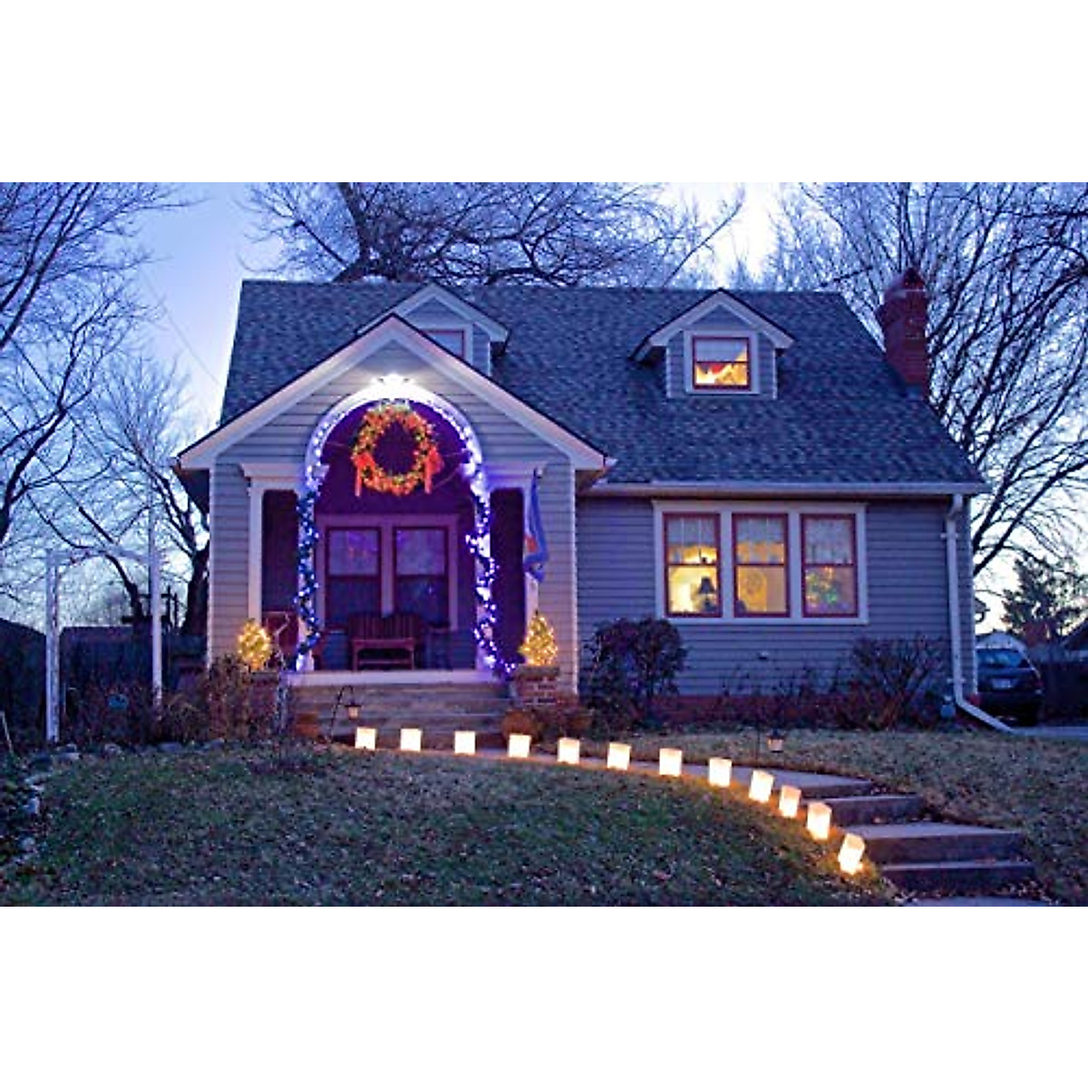 Set of 12 White Luminaries, Warm White LED Tea Lights with Timers & Stakes