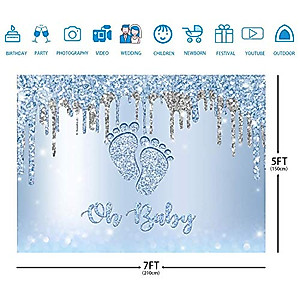 7x5ft Oh Baby Backdrops Baby Shower Background for Boy Oh Boy Little Feet Backdrop for Photography Glitter Blue Baby Shower Boys 1st Birthday Party Decor It's A Boy Baby Shower Banners Photo Props