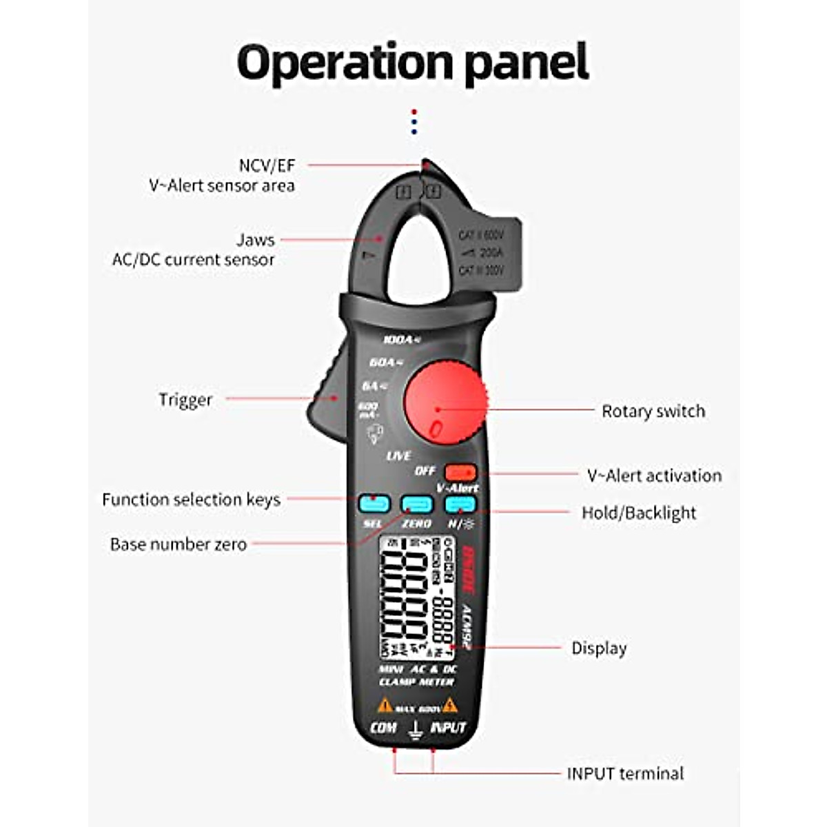 Digital Clamp Meter DC/AC Current 100A 0.1/1mA Ammeter Voltage Resistance Hz V-Alert Mini Multimeter Frequency Tester amp Meter