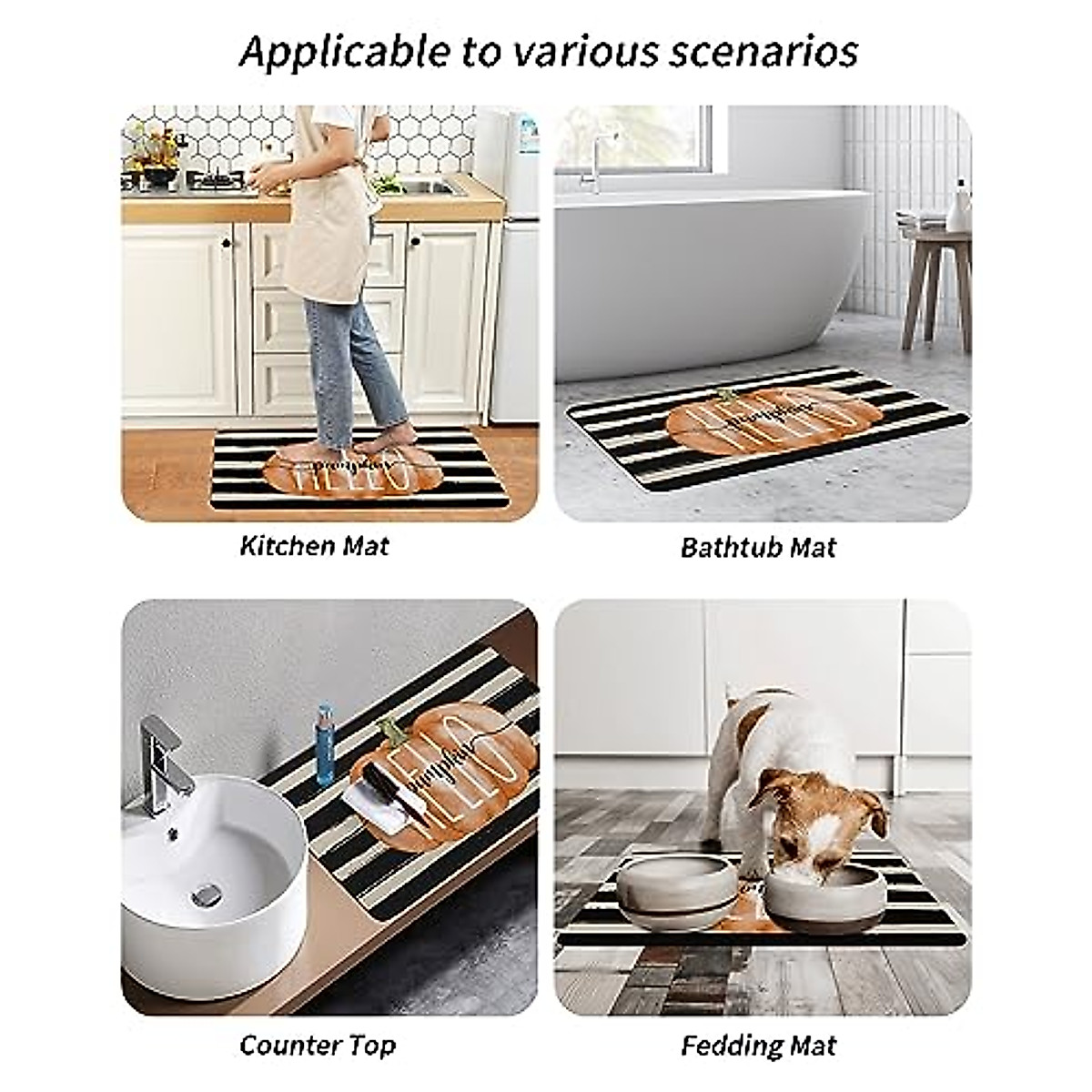 Stripes Pumpkins Bath Mat for Tub,Non Slip Bathroom Floor Runner Rug Quick Dry & Absorbent Diatomaceous Earth Kitchen Room Shower Sink Washable Doormat,Thanksgiving Fall Black White Geometry 16"x24"