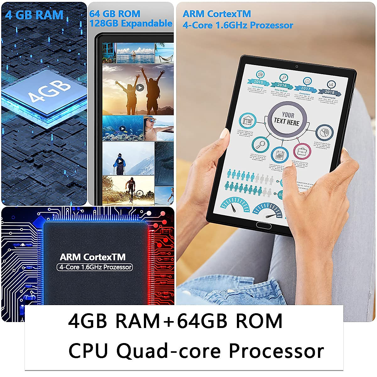 Tablet 10 inch, Android 11.0 GMS Tablets with 4GB RAM 64GB Storage, 128GB Expandable, Quad Core, 10" 1280x800 IPS HD Screen, 6000mAh Battery, 13 MP Camera Support 5.0 Bluetooth, GPS, Dual Wifi 5G＆2.4G