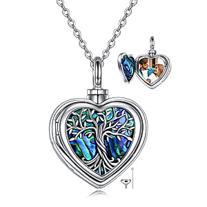 ONEFINITY Tree of Life Urn Necklaces for Ashes Sterling Silver Abalone Shell Tree of Life Locket Necklace That Holds Pictures Heart Cremation Jewelry for Ashes Memory Jewelry for Women Men