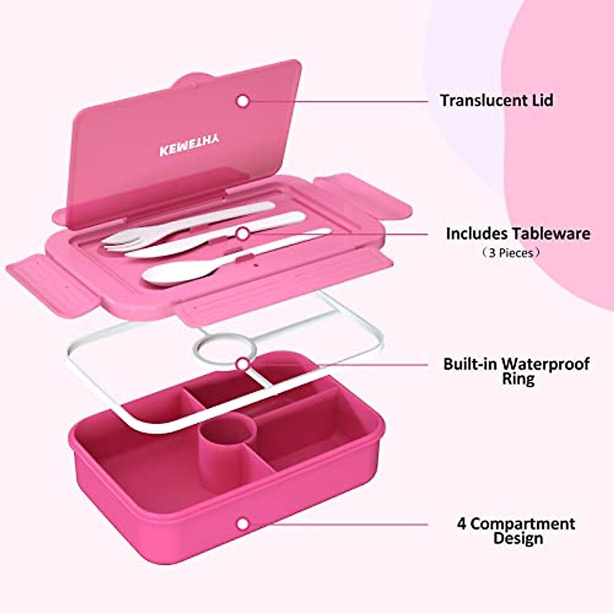 Bento Lunch Box for Kids, 4 Compartment Lunch Boxes Kids, Cutlery Storage Built-in Utensil Set, Leak-proof, Thicken, Microwave/Dishwasher/Freezer Safe, BPA-Free, Pink