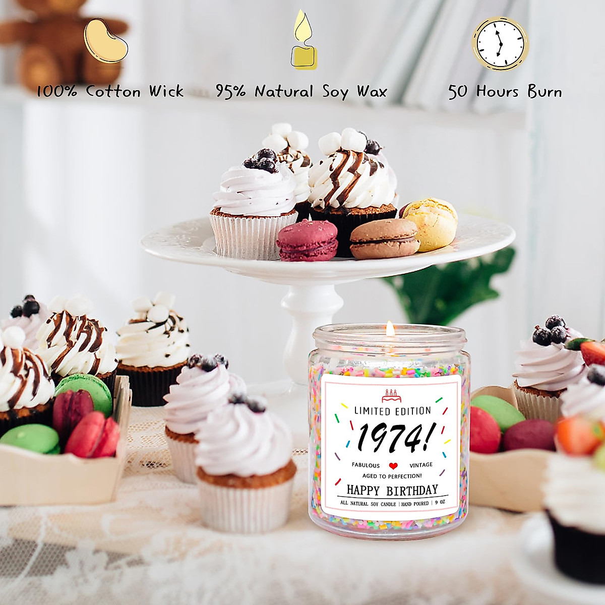 Homsolver 50th Birthday Gifts for Her Women, Happy 1974 50th Birthday Candle Gifts Ideas-Limited Edition 1974 Handmade Candles (Vanilla Birthday Cake Scent with Sprinkles)