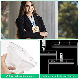 Clear Plastic Horizontal Badge Holder - Coideal 12 Pcs Thick Name Tag ID Card Protector Holders Large Transparent Sleeve Waterproof (4.8 x 3.5 Inch)