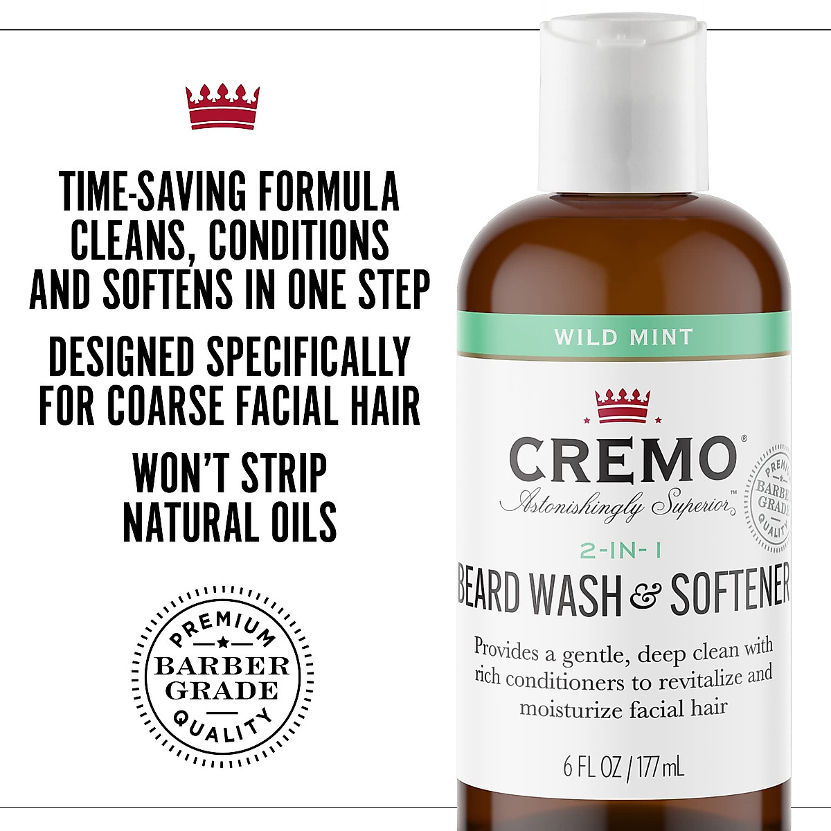 Cremo Wild Mint Beard and Face Wash, Specifically Designed to Clean Coarse Facial Hair, 6 Fluid Oz (Pack of 1)