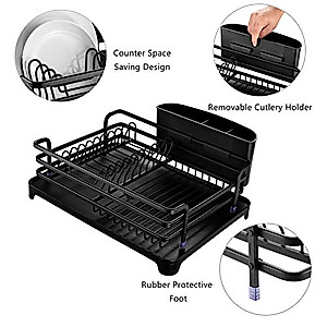 HBlife Aluminum Dish Drying Rack, Never Rust Small Dish Drying Rack with Utensil Holder, Removable Plastic Drainer Tray with Adjustable Swivel Spout, Home Essentials(Black)