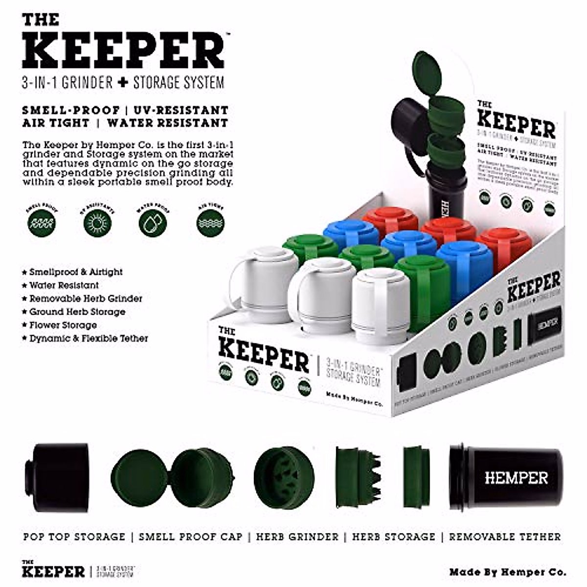 HEMPER Keeper 3-IN-1 Grinder + Storage System with Smell Proof Storage With Travel Ready Tether Strap | Lightweight