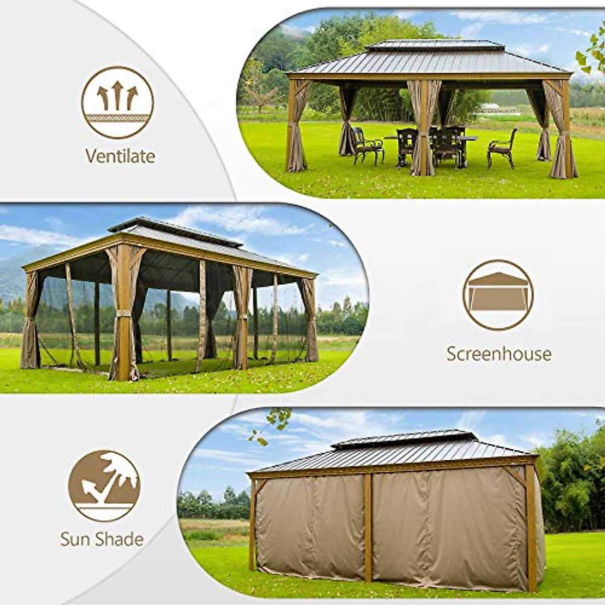 Domi Outdoor Living 14’x20’ Hardtop Gazebo, Wooden Coated Aluminum Frame Canopy with Galvanized Steel Double Roof, Outdoor Permanent Metal Pavilion with Curtains and Netting for Patio, Deck and Lawn