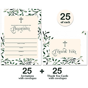 DB Party Studio Baptism Invitations ( 25 ) & Matching Thank You Cards ( 25 ) Set with Envelopes, Pretty Delicate Leaf Design 5 x 7" Fill-in Invites & Folded Thanks Notes Baby Infant Christening Pair
